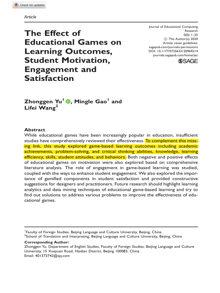 Yu2020-The Effect of Educational Games On Learning Outcomes, Student ...