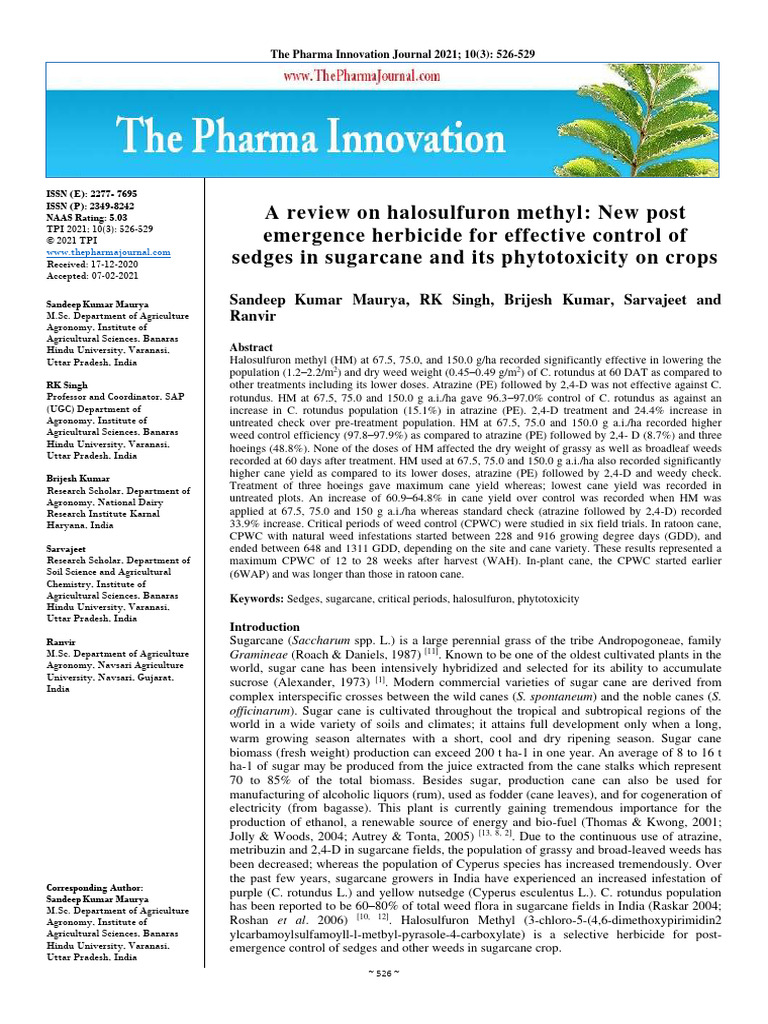 A Review On Halosulfuron Methyl: New Post Emergence Herbicide For ...