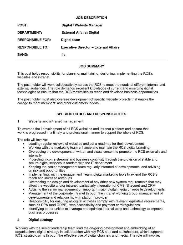 Digital Website Manager Job Description | PDF | Digital Marketing ...