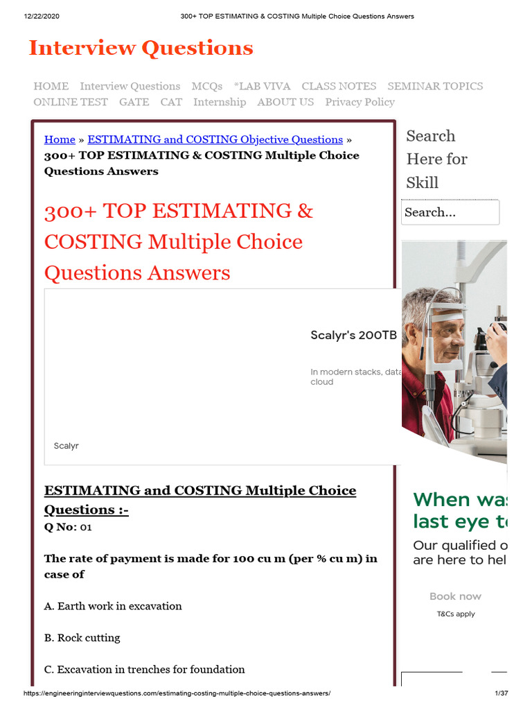 Estimating Costing | Download Free PDF | Multiple Choice | Concrete