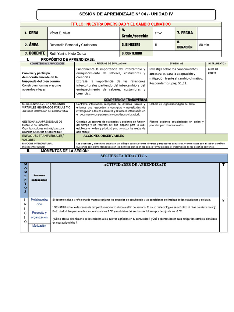 Ud-Iv Sesión 4 DPC 2do Eda 4 Conocimientos Ancestrales | PDF | Aprendizaje | Evaluación