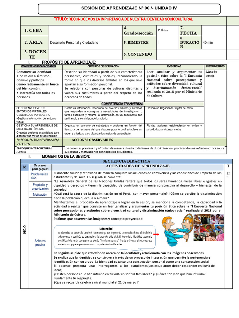 UD-IV SESIÓN 4 - DPC - 1°. EDA 4 IDENTIDAD SOCIOCULTURAL | PDF | Aprendizaje | Evaluación