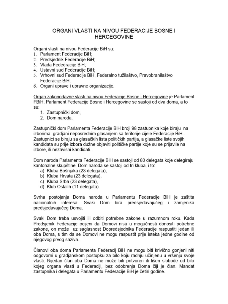 Institucije Vlasti U Federaciji Bosne I Hercegovine | PDF