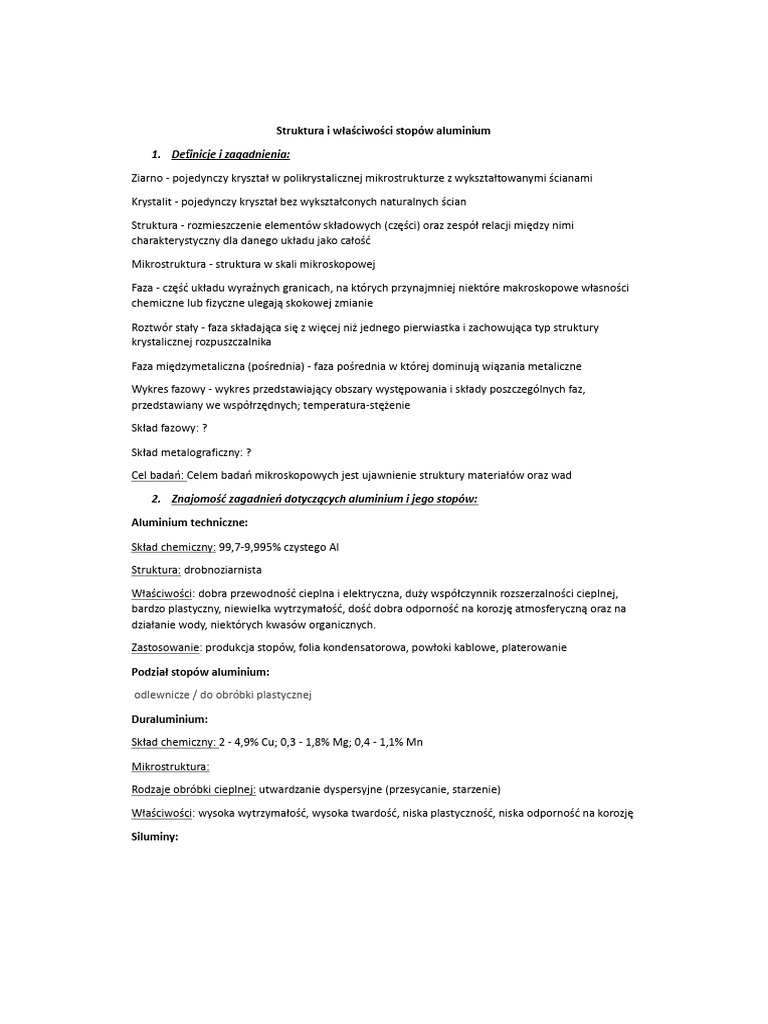 Struktura I Właściwości Aluminium. Siluminium I Duraluminium | PDF