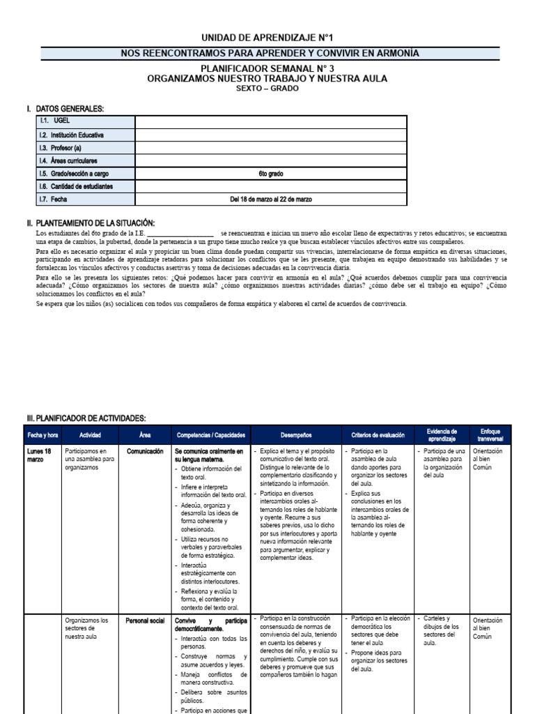 Planificación de Aula para 6to Grado | PDF | Evaluación | Aprendizaje