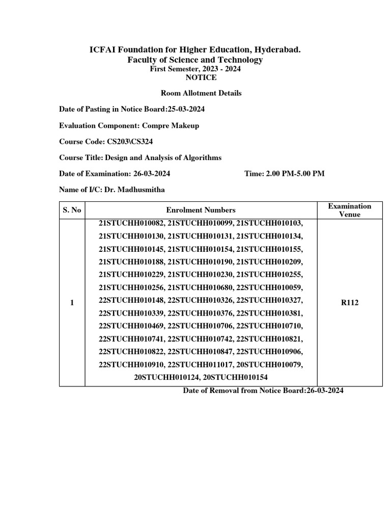 Notice Room Allotment Seating Plan An 26032024 | PDF