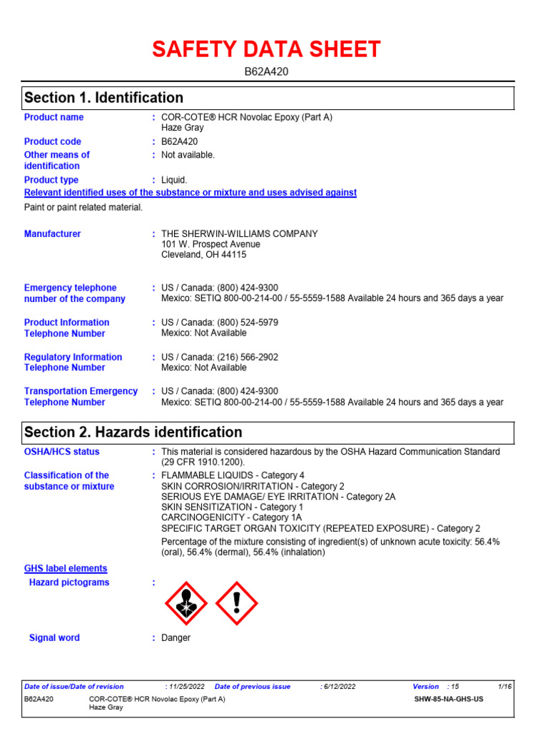 SDS Cor Cote | PDF | Occupational Safety And Health | Chemistry