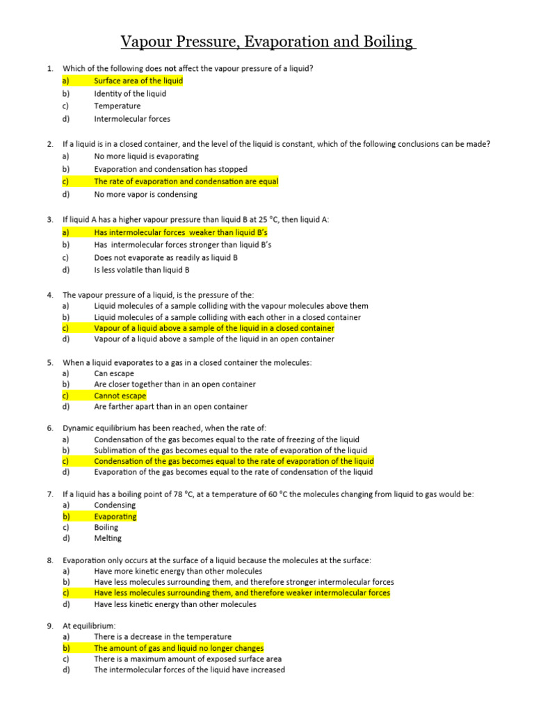Vapor Pressure and Boiling Concepts Worksheet | PDF | Evaporation | Liquids