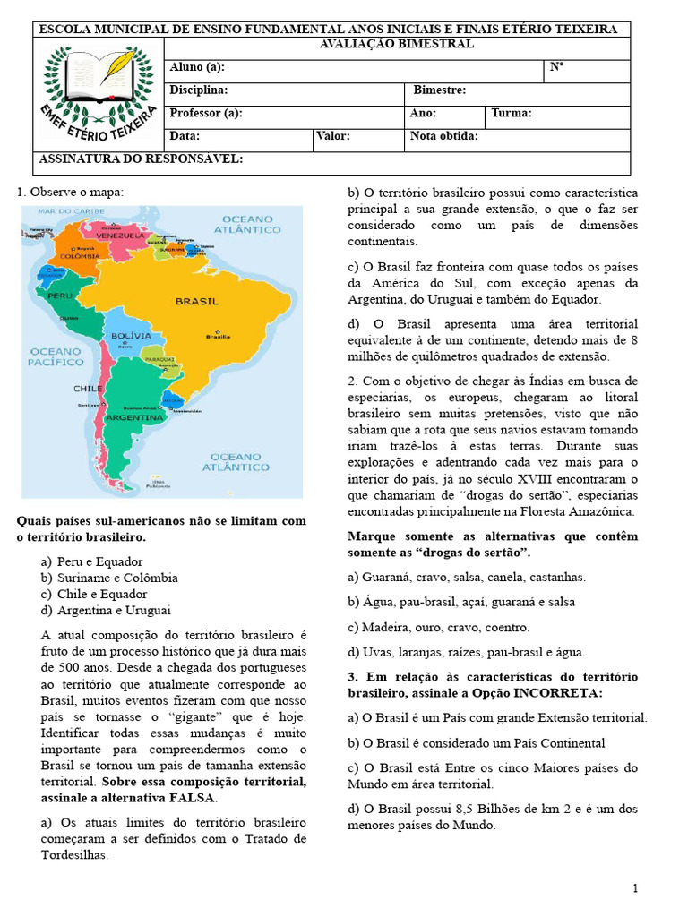 PROVA DE GEOGRAFIA 7º ANO 1º Bimestre | PDF | Brasil | América do Sul