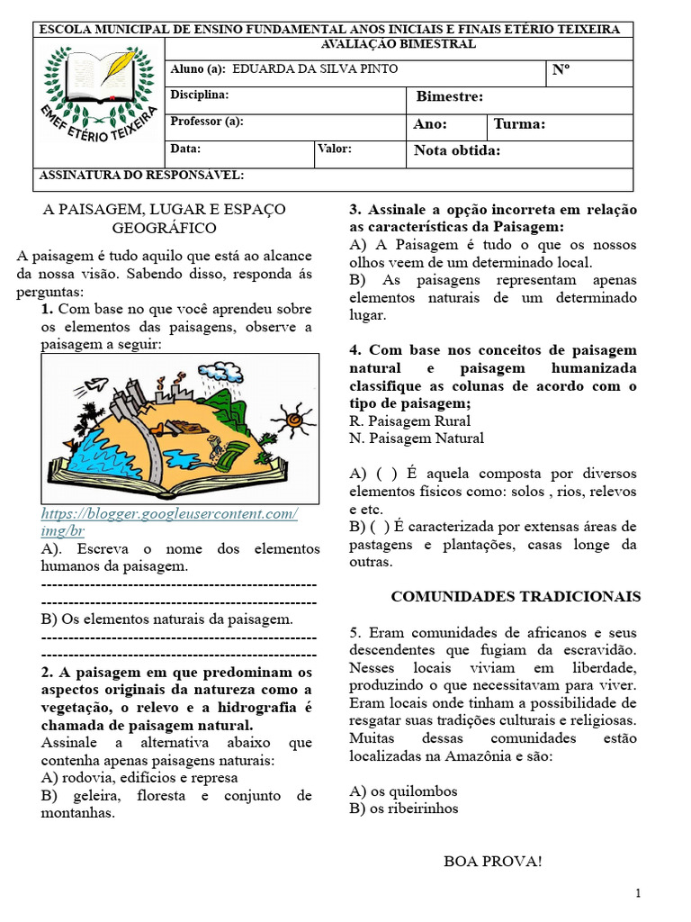 Aee Eduarda 6º Ano Prova 1º Bimestre Paisagem, Lugar e Espaço ... Aee Eduarda 6º Ano Prova 1º Bimestre Paisagem, Lugar e Espaço ...