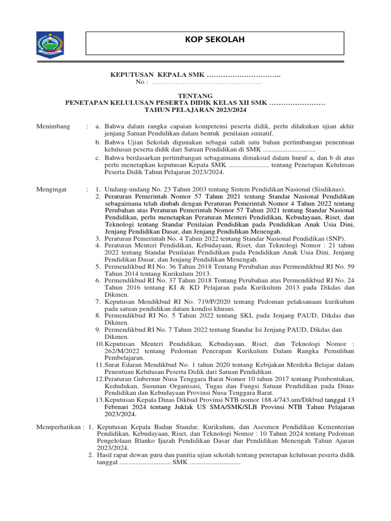 CONTOH SK Penetapan Kelulusan 2024 PROVINSI | PDF