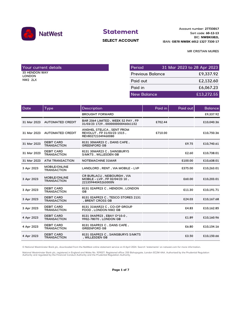 Statement 601213 27733017 31 03 2023 28 04 2023 | PDF | Debit Card | Overdraft