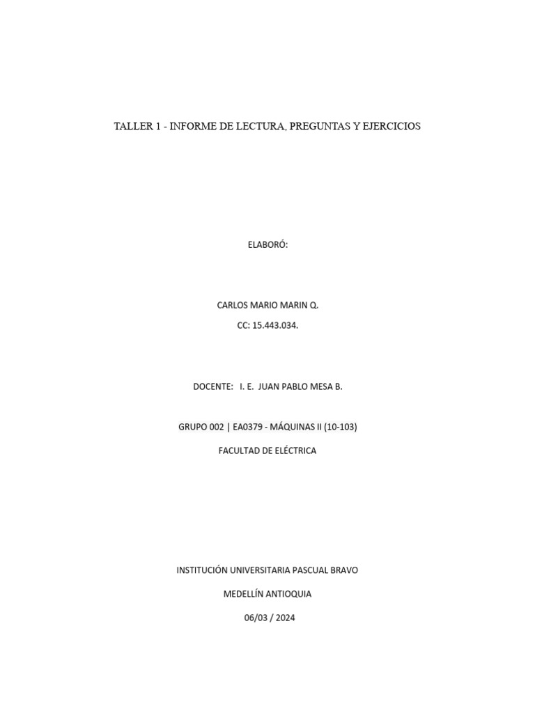 Taller 1 - Informe de Lectura, Preguntas y Ejercicios | PDF ... Taller 1 - Informe de Lectura, Preguntas y Ejercicios | PDF ...