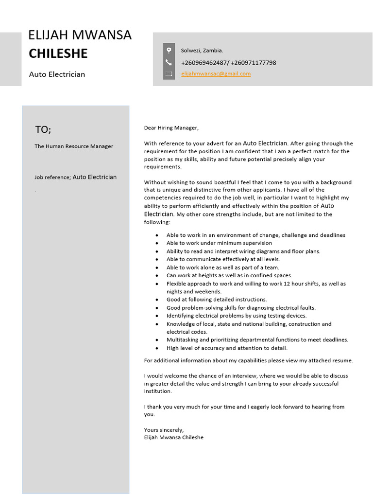 Elijah Mwansa Chileshe Cover Letter | PDF | Electrician | Cognitive Science