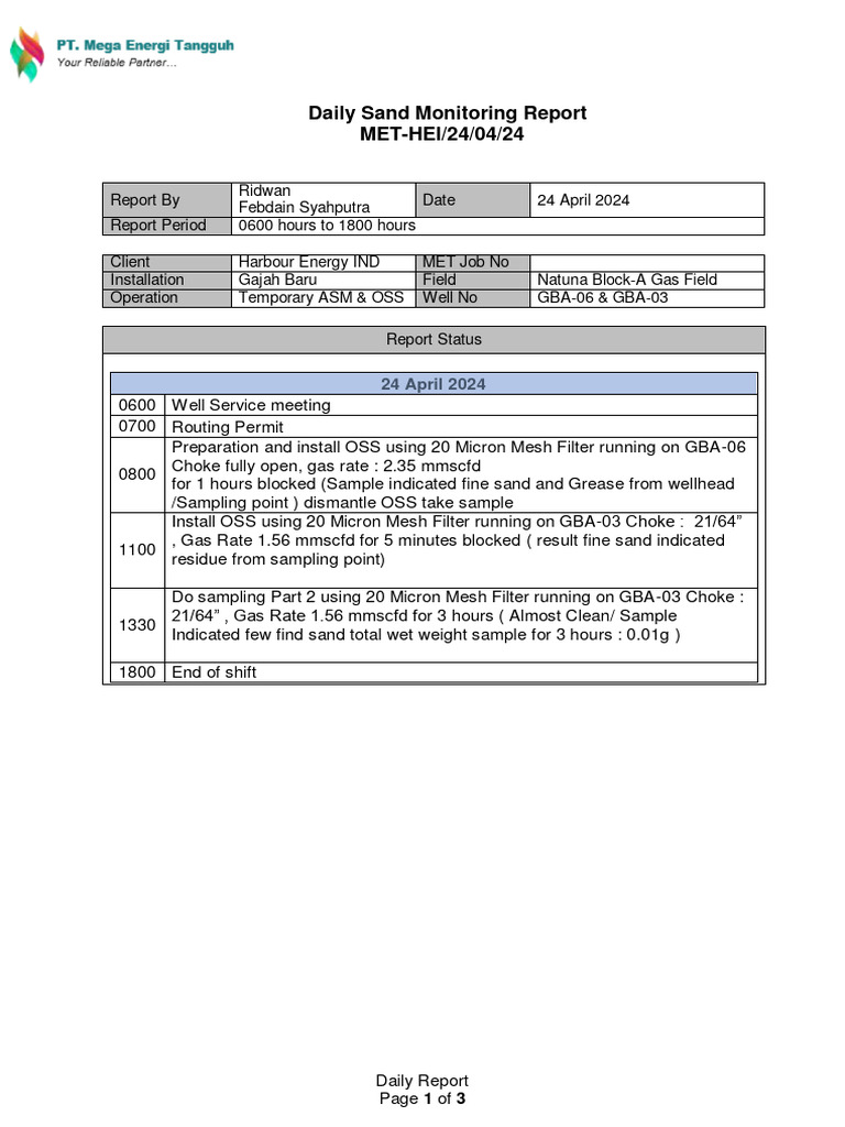 Daily Sand Monitoring Report 24 April 2024 | PDF