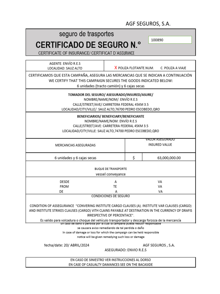 Poliza de Seguro de Transporte | PDF | Seguro