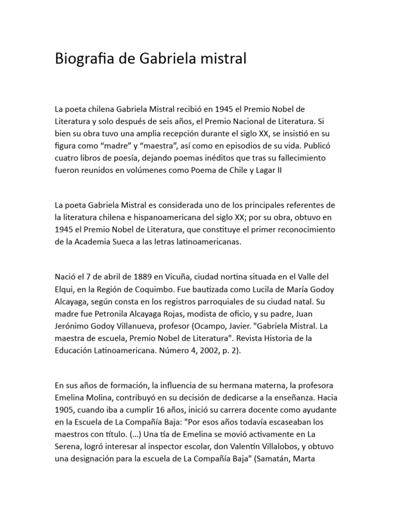 Biografia de Gabriela Mistral | PDF | Clásicos