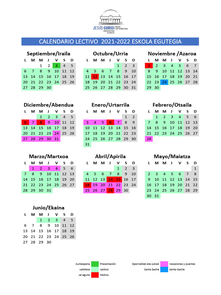 Calendario Lectivo Guridi 2021 2022 | PDF