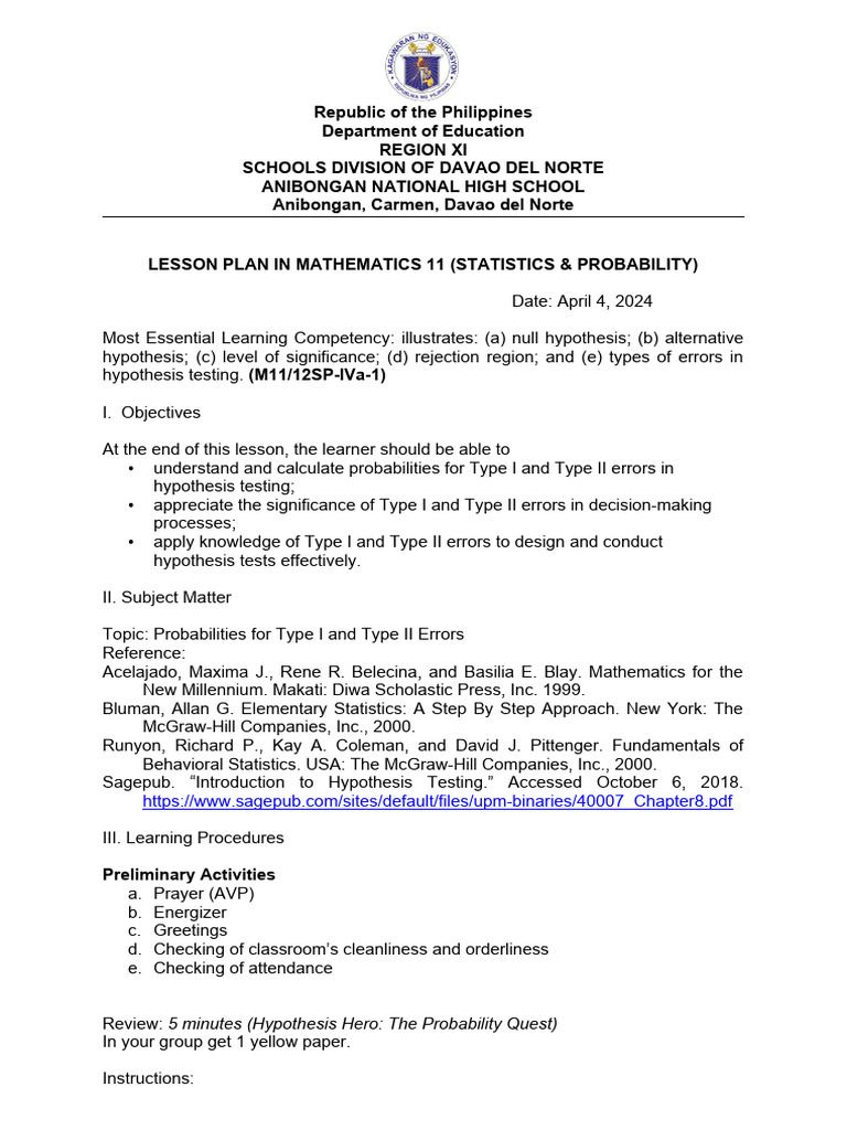 M1 Lesson 3 | PDF | Type I And Type Ii Errors | Hypothesis
