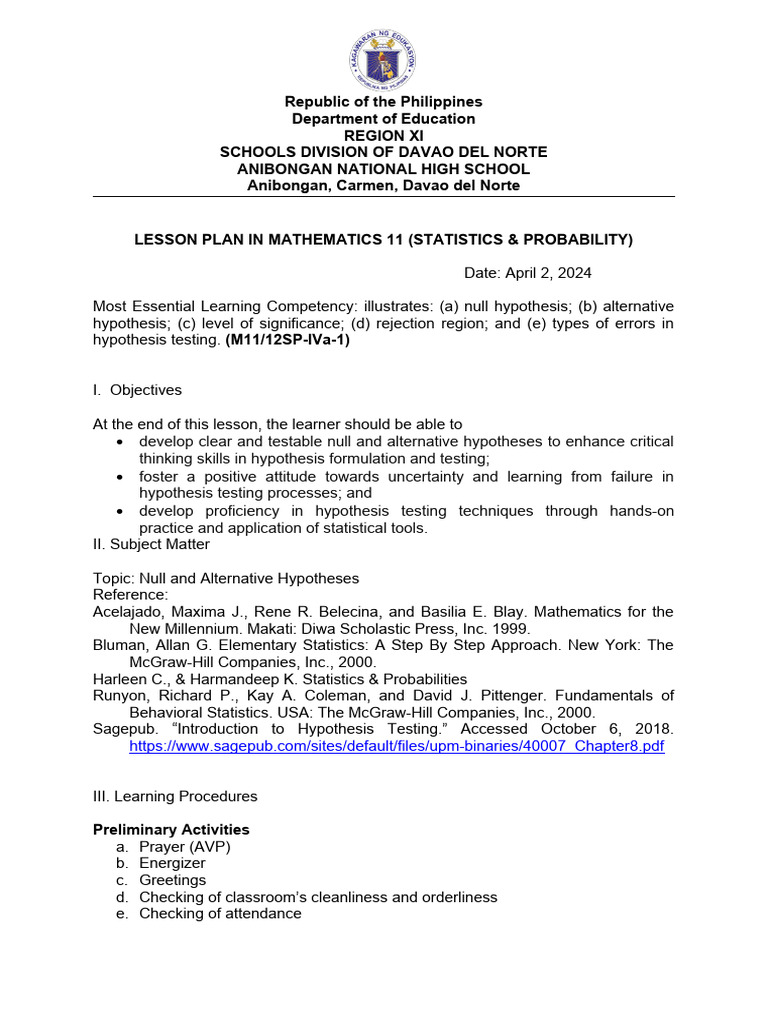 M1 Lesson 1 | PDF | Null Hypothesis | Hypothesis
