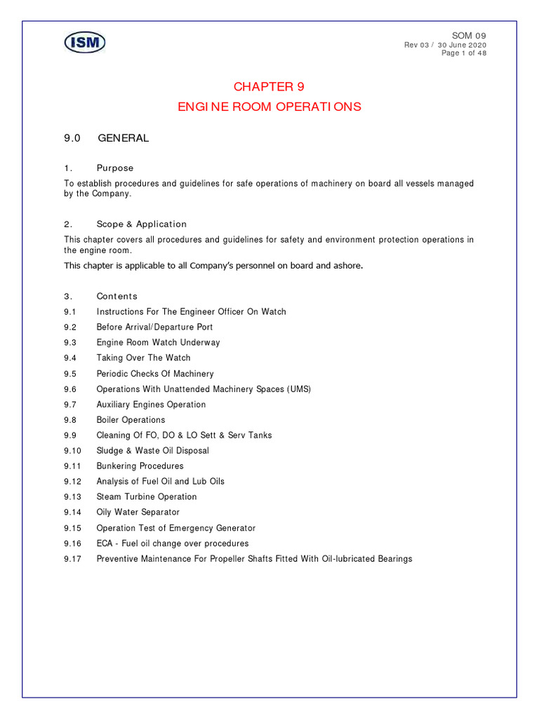 ISM Ship Management SMS Manual - SOM CH 09 Engine Room Operations-Ver03 | PDF | Fuel Oil | Boiler