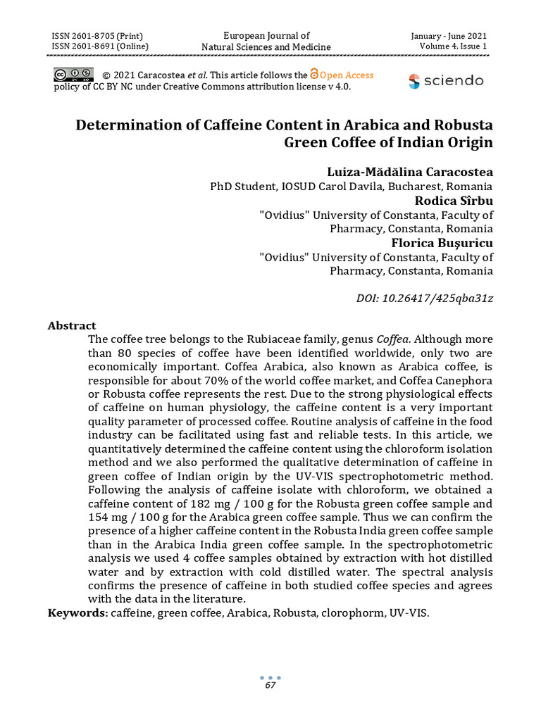 Determination Of Caffeine Content In Arabica And Robusta Green Coffee Of Indian Origin Pdf
