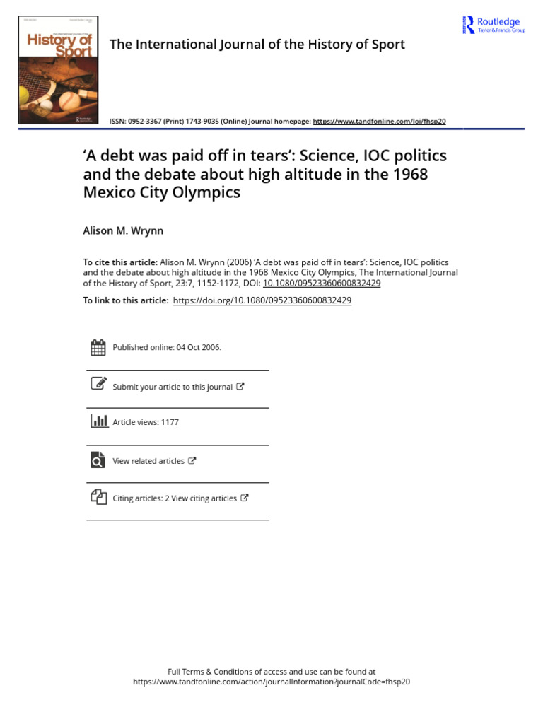 A Debt Was Paid Off in Tears Science IOC Politics and The Debate About High Altitude in The 1968 ...