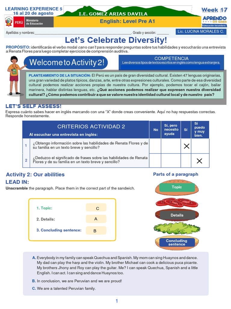 AeC Pre A1 Learning Experience 5 Activity 2 Week 17 | PDF