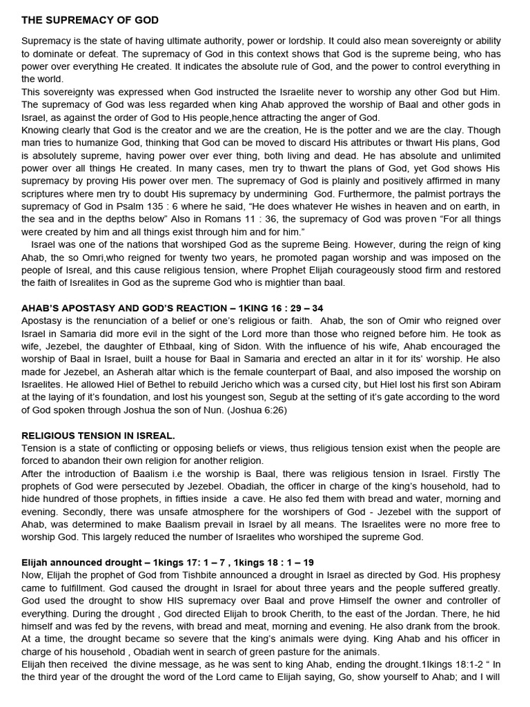 The Supremacy of God Note | PDF | Elijah | Religious Belief And Doctrine