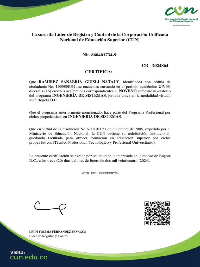 Certificado CUN | PDF