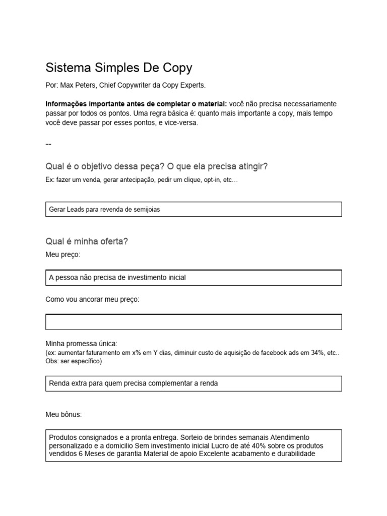 Documento - Sistema Simples de Copy (PREENCHIDO) | PDF | Investimentos