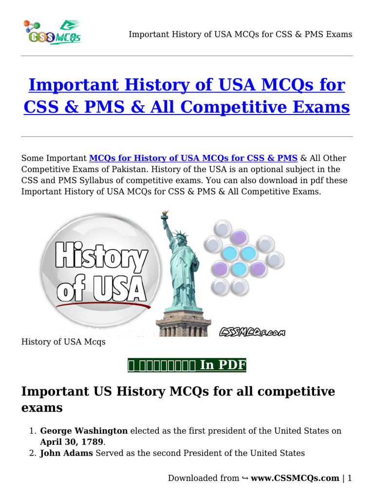USA History MCQs for CSS & PMS | PDF | American Civil War | Presidents ...
