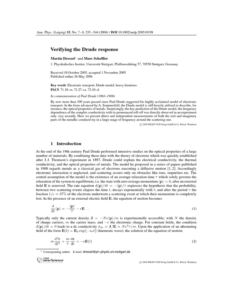 Verifying The Drude Response: Martin Dressel | PDF | Electrical ...