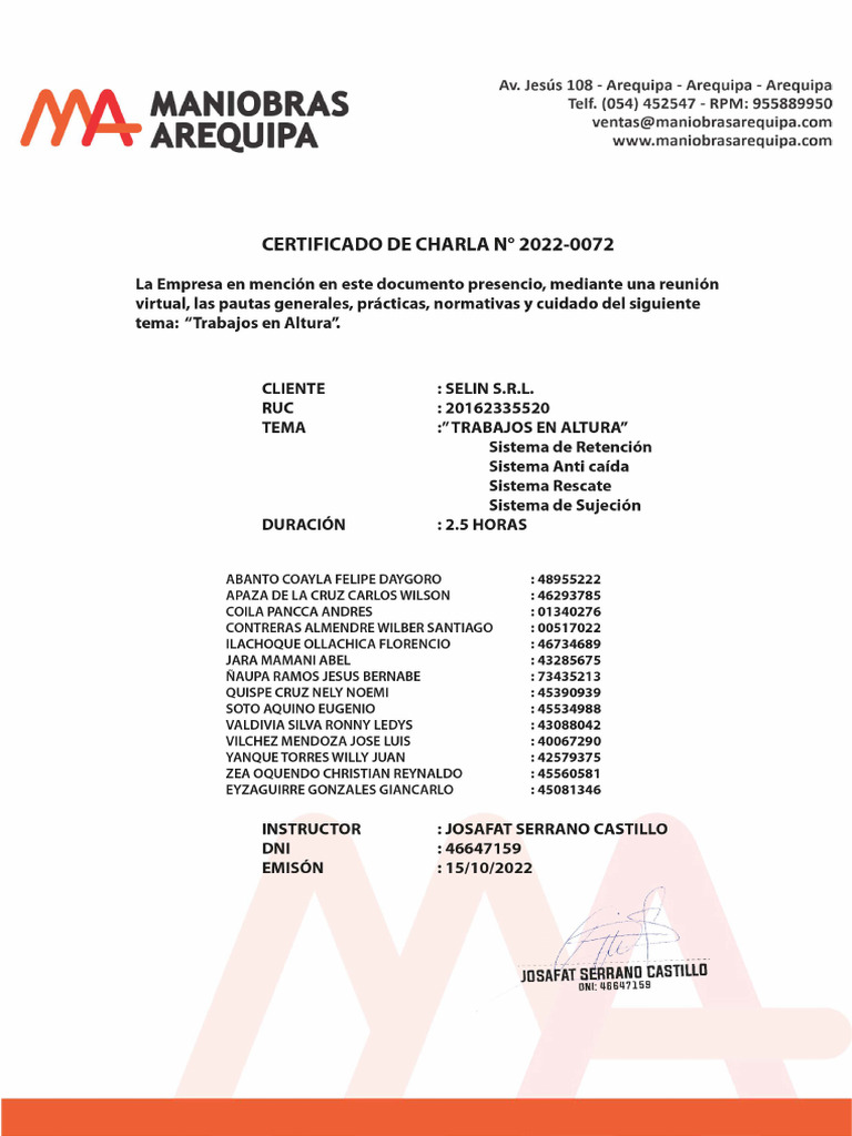 Certificado de Charla N-0072 | PDF