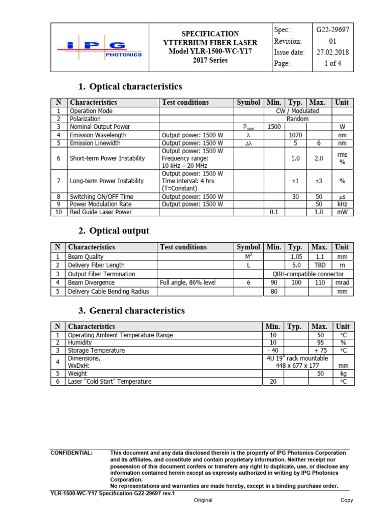 YLR-1500-WC-Y17 Specification G22-29697 Rev.1 | PDF | Laser | Optical Fiber