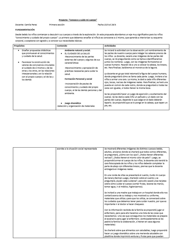 Proyecto Cuidado Del Cuerpo | PDF | Relaciones personales, crianza y ...