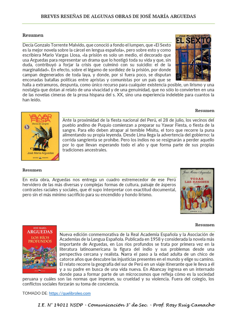BREVES RESEÑAS DE ALGUNAS OBRAS DE JOSÉ MARÍA ARGUEDAS | PDF