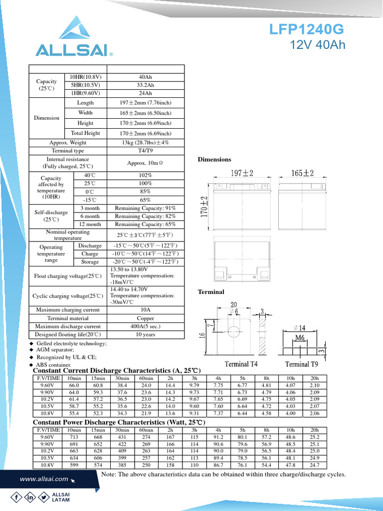 LFP1240 12V 40Ah Battery Specifications | PDF | Electricity ...