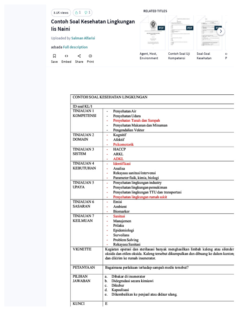 PDF Contoh Soal Kesehatan Lingkungan Iis Naini Compress | PDF