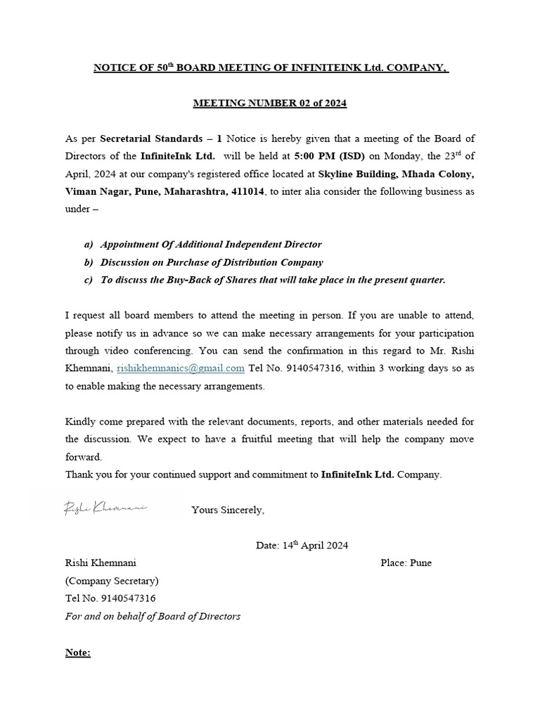 InfiniteInk Ltd. Board Meeting Notice | PDF | Stocks | Business