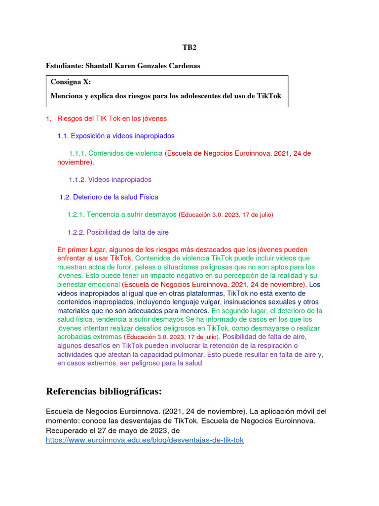 Tb2 Estudiante: Shantall Karen Gonzales Cardenas Consigna X: Menciona Y Explica Dos Riesgos para ...