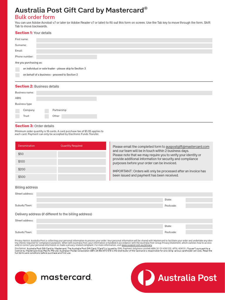 Australia Post Mastercard Gift Card Order | PDF | Master Card | Gift Card