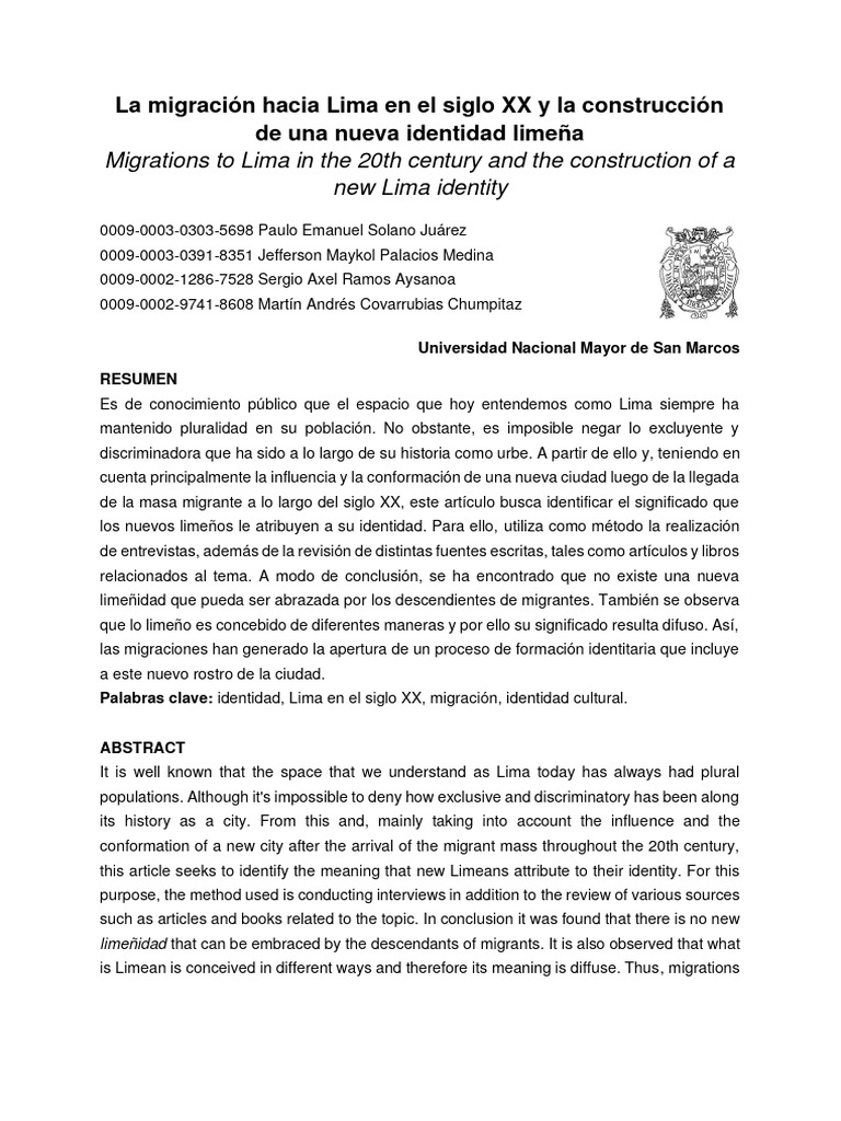 Migración y nueva identidad en Lima XX | PDF | Migración humana | Lima