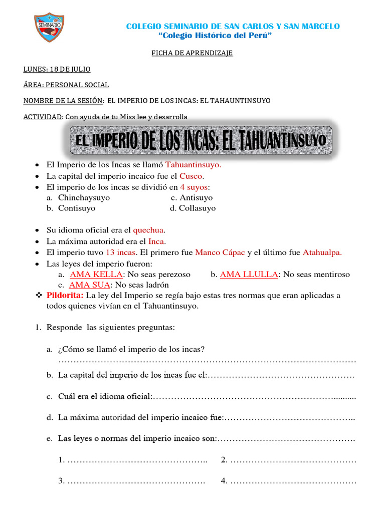 Ficha de Aprendizaje El Imperio de Los Incas El Tahauntinsuyo Lunes 18 de Julio | PDF | Imperio ...
