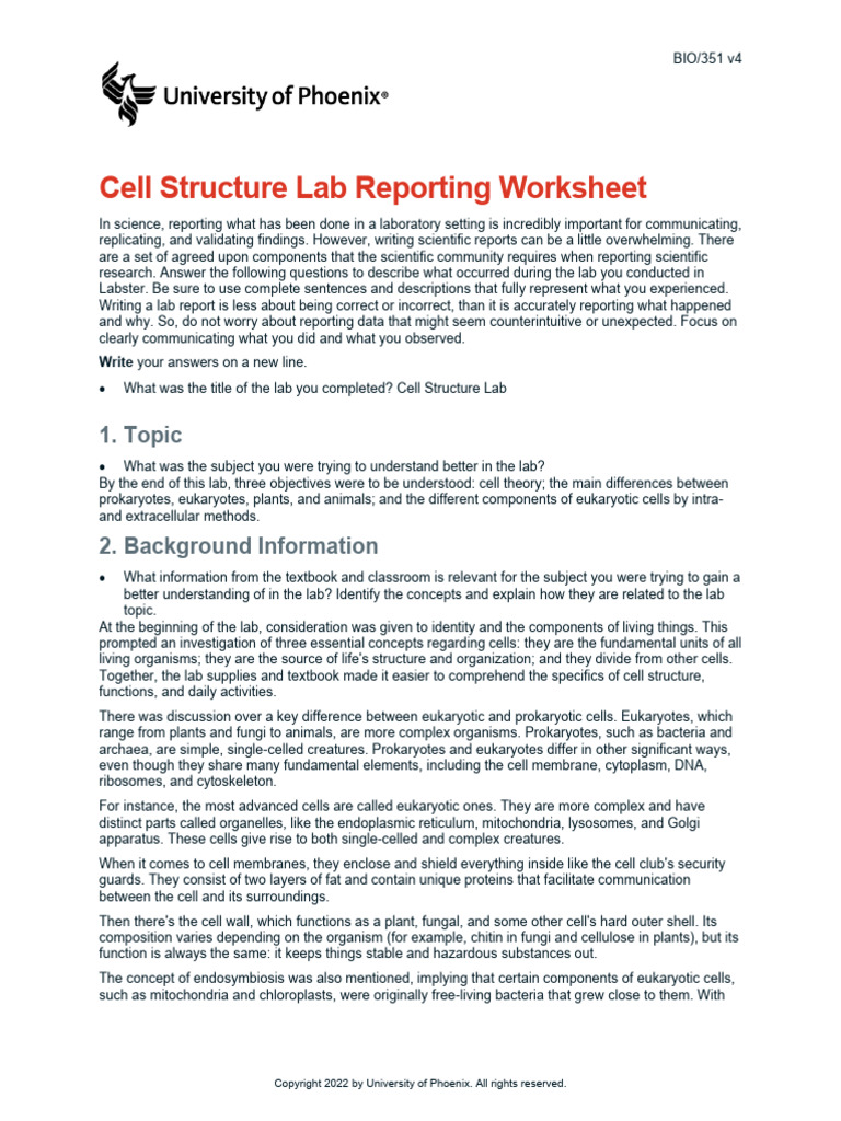 Bio351 v4 Wk2 Cell Structure Lab Report | PDF | Cell (Biology) | Eukaryotes