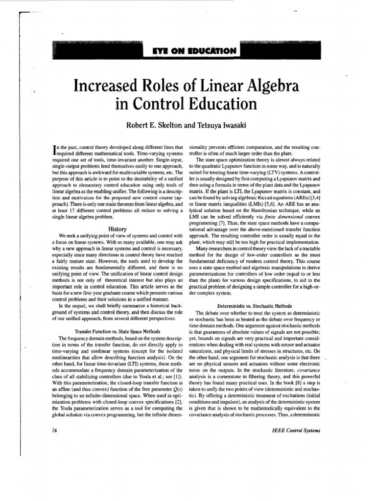 Increased Roles of Linear Algebra in Control Education | Download Free PDF | Control Theory ...