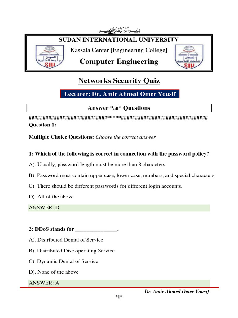Networks Security Quiz - March 2024 With Answers | PDF | Phishing ...