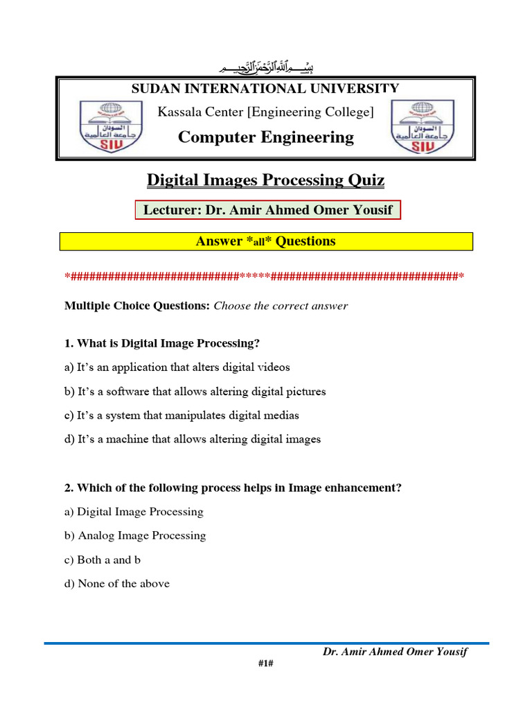 Digital Images Processing - Quiz - March 2024 | PDF | Digital Image | Rgb Color Model