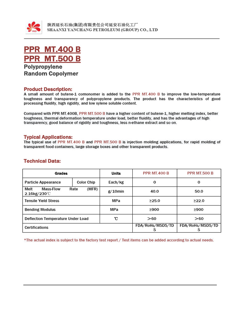 PP - Random - MT.400B & - 500B - Yanchang - Petro | PDF