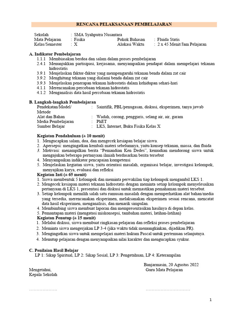 RPP PBL - Eksperimen (Alat Tersedia) - 180822 - Final | PDF